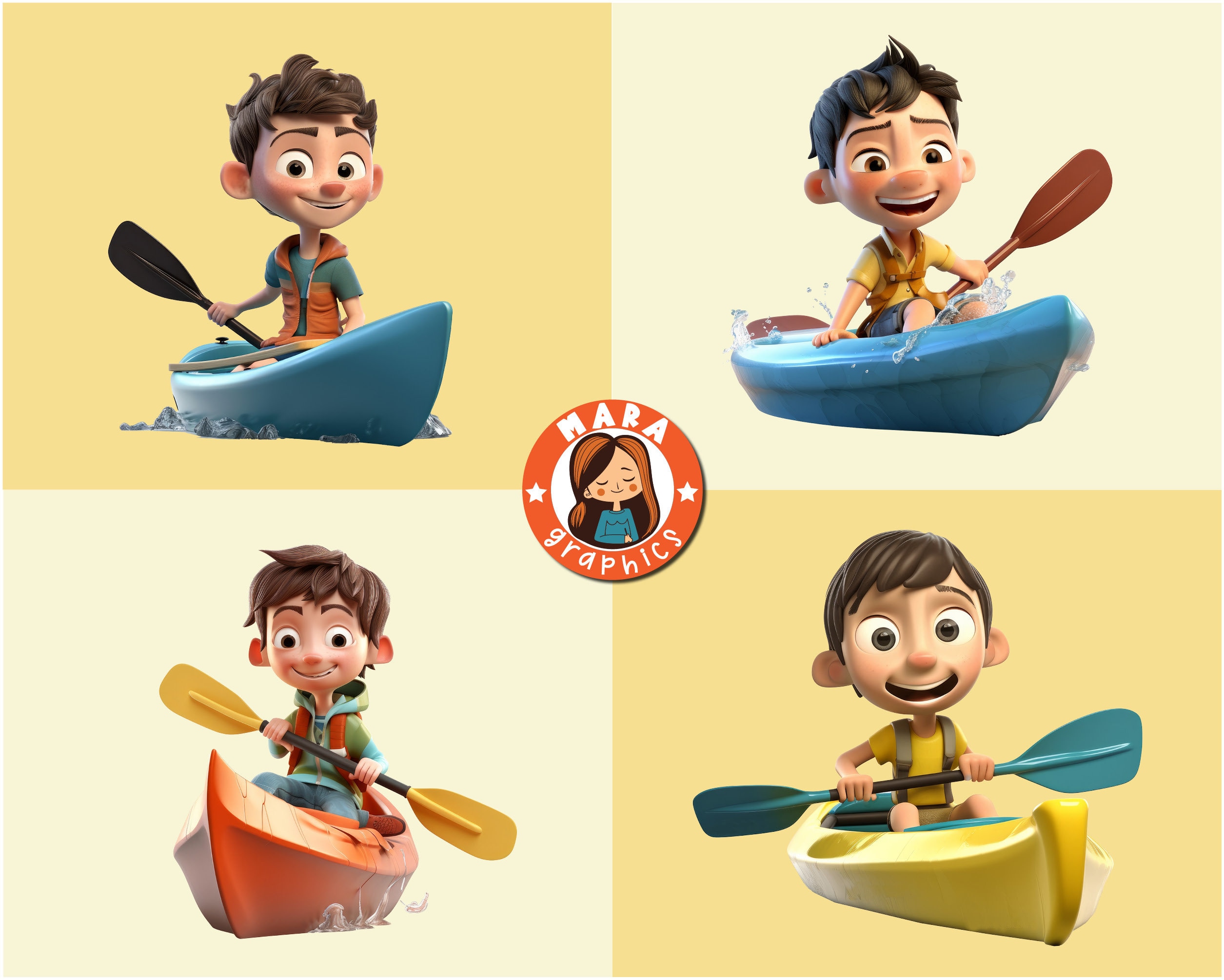 Cute 3D Kayaking Boy Clipart Set - High Resolution Pngs (4 Different ...