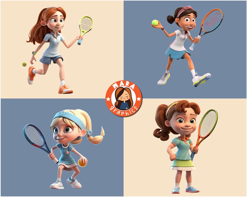 3D Tennis Player Girls Clipart Set of 4 Pngs High Resolution Pngs 4 ...