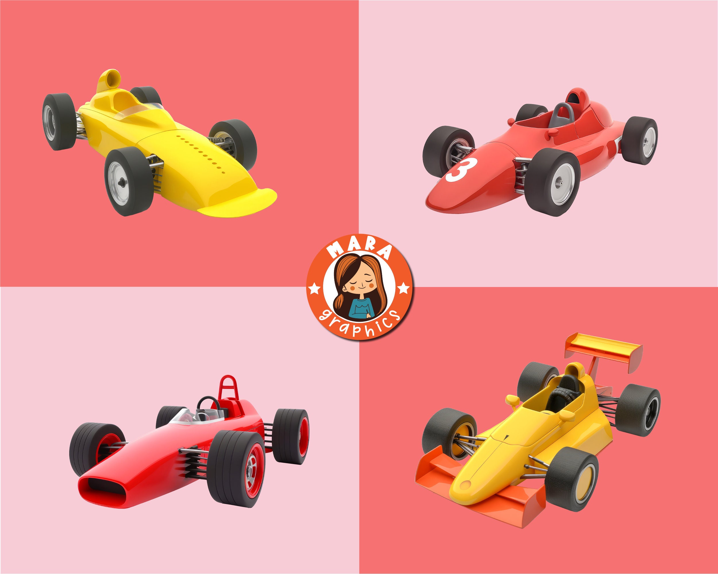 Set of 4 Cute 3D Race Car Clipart High Resolution Pngs 4 Different ...