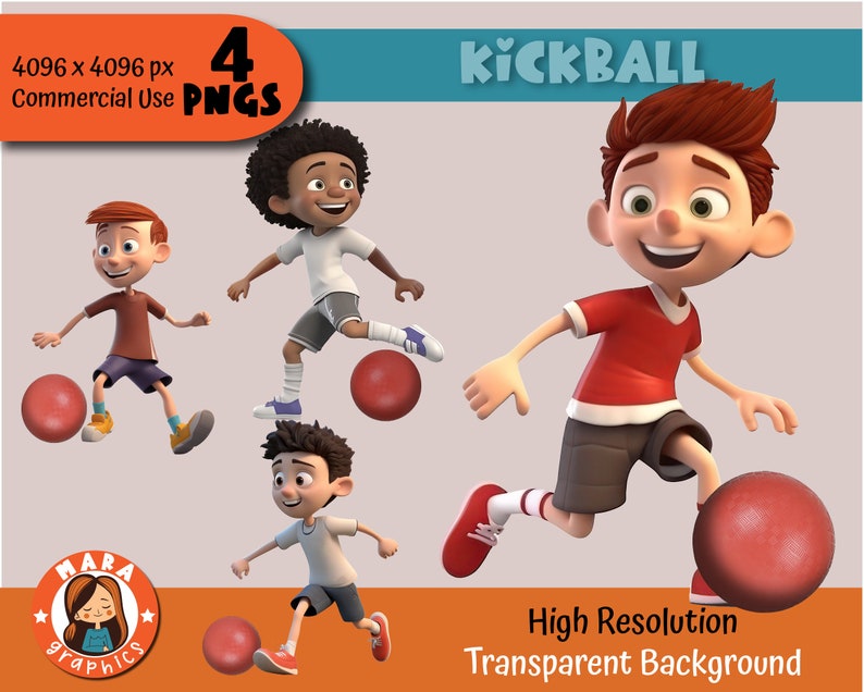 Set of 4 3D KICKBALL Player BOYS Clipart - High Resolution Pngs (4 ...