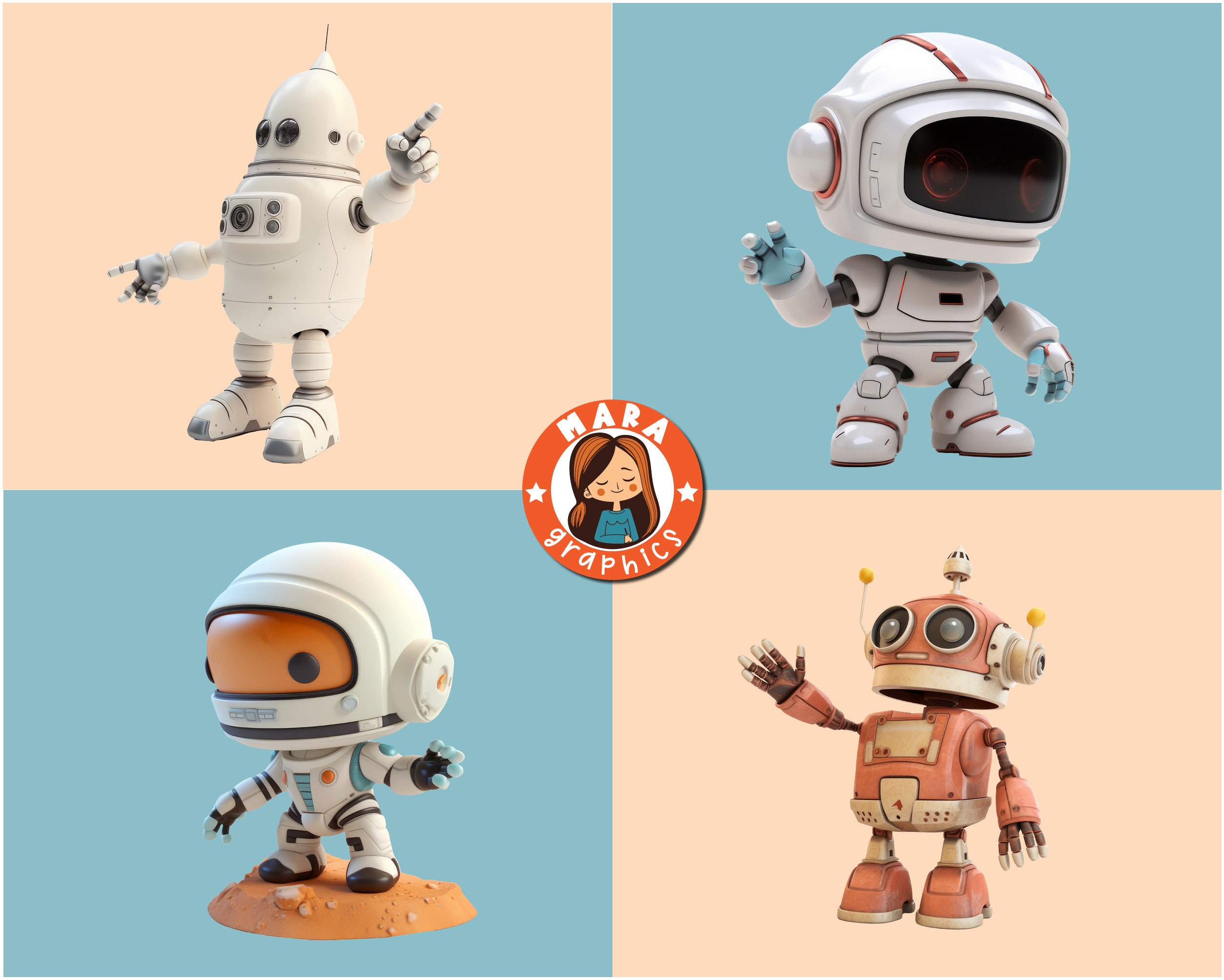 Cute 3D Robot Clipart Set High Resolution Pngs 4 Different Characters ...
