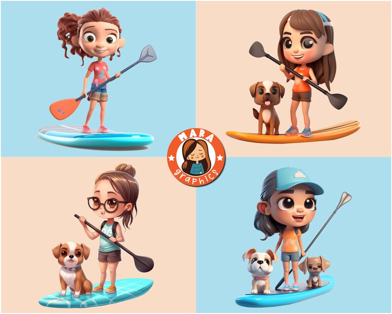 Cute Paddle Board Girls 3D Clipart - Set of 4 High-resolution Pngs - Etsy