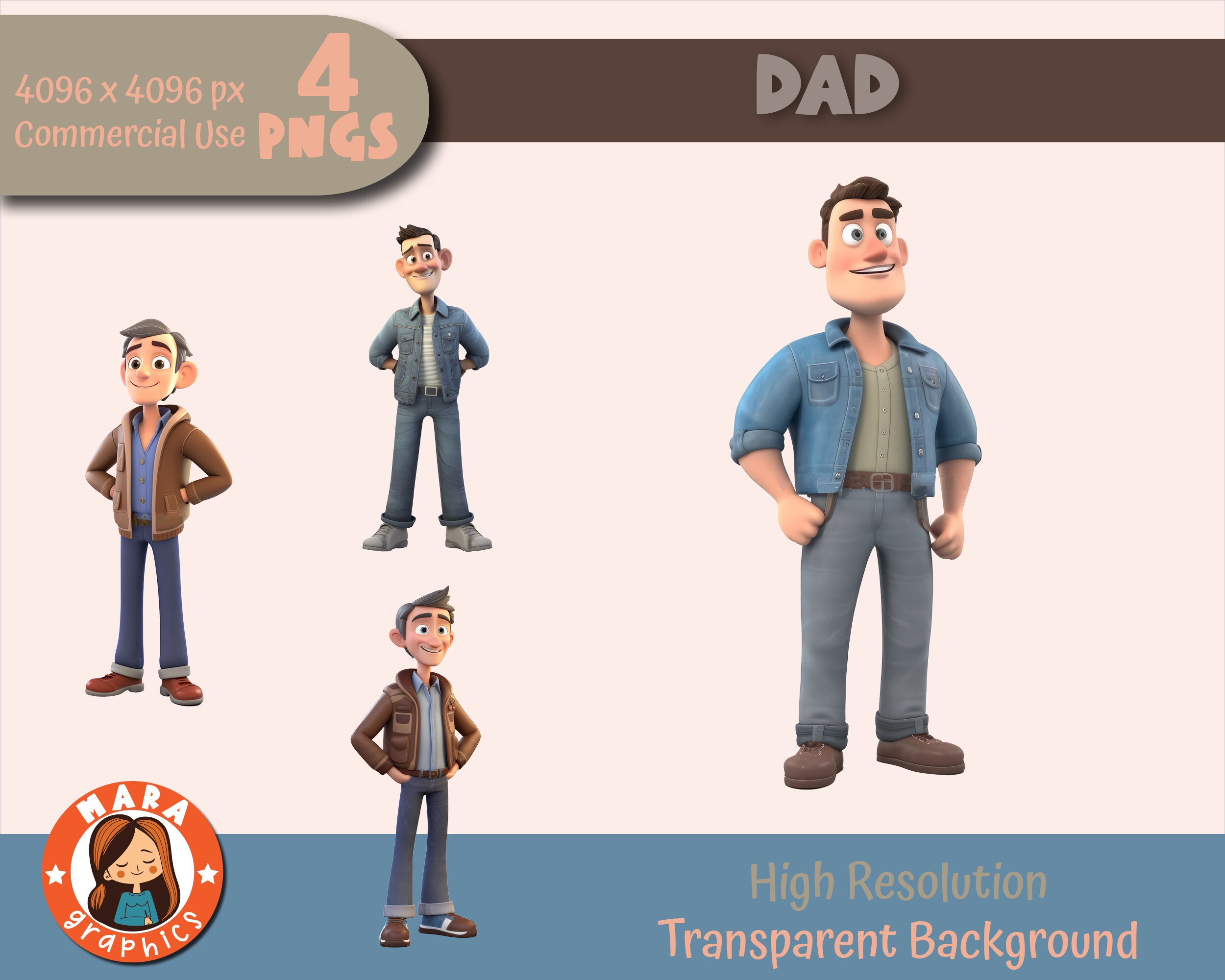 Cute 3D Dad Characters Clipart Set - High Resolution Pngs (4 Different ...