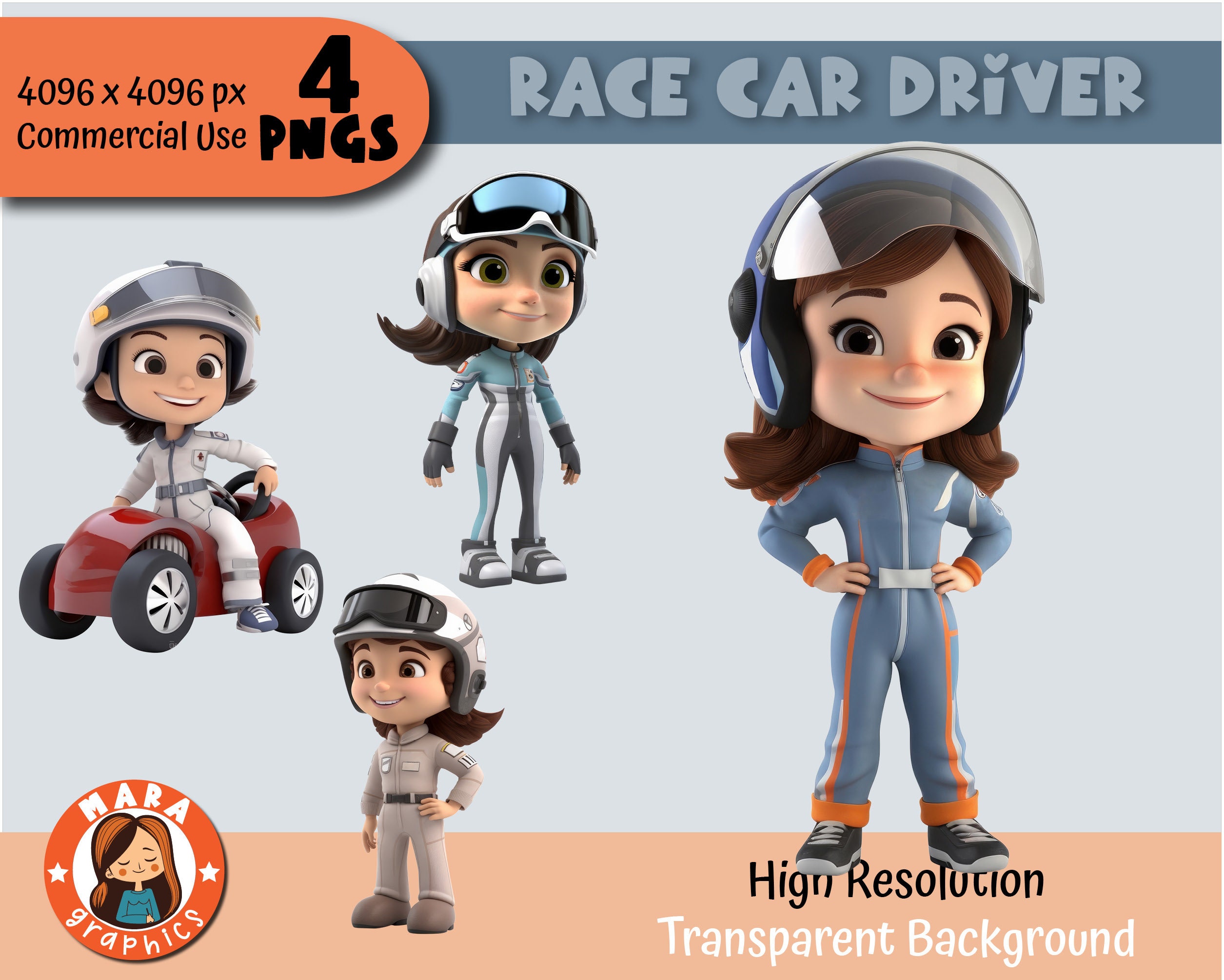 Cute 3D Race Car Driver Girl Clipart Set - Set of 4 Pngs - High ...