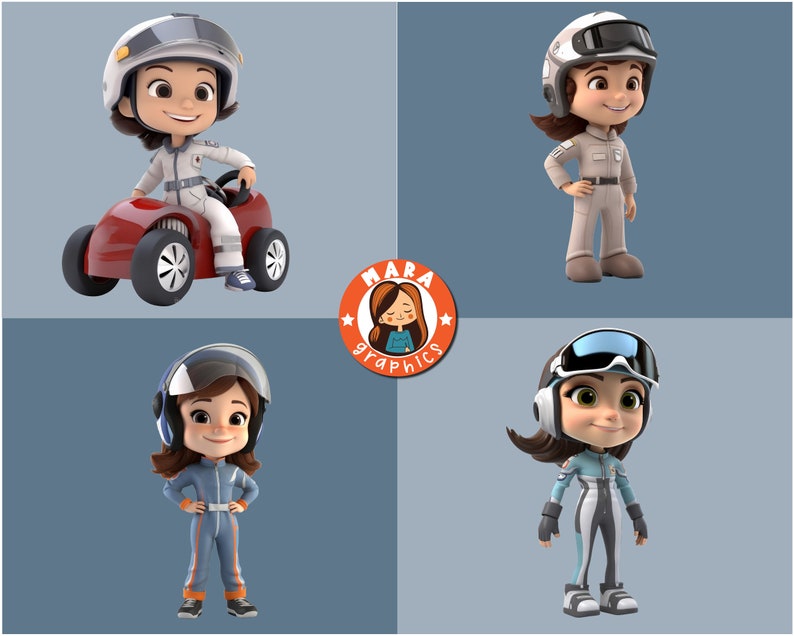 Cute 3D Race Car Driver Girl Clipart Set - Set of 4 Pngs - High ...