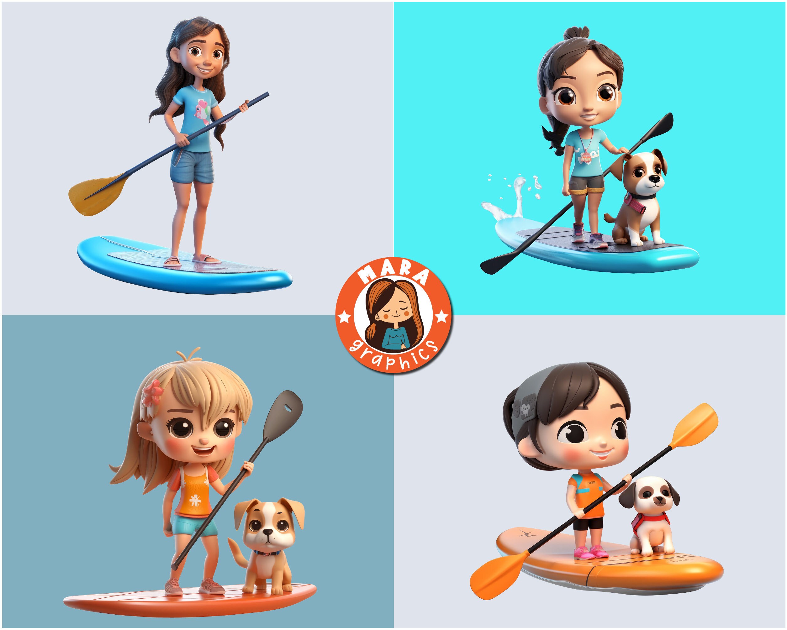 Cute Paddle Board Girls 3D Clipart - Set of 4 High-resolution Pngs - Etsy