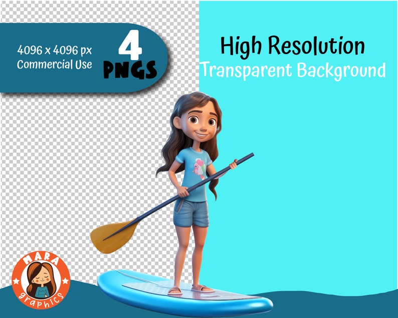 Cute Paddle Board Girls 3D Clipart - Set of 4 High-resolution Pngs - Etsy