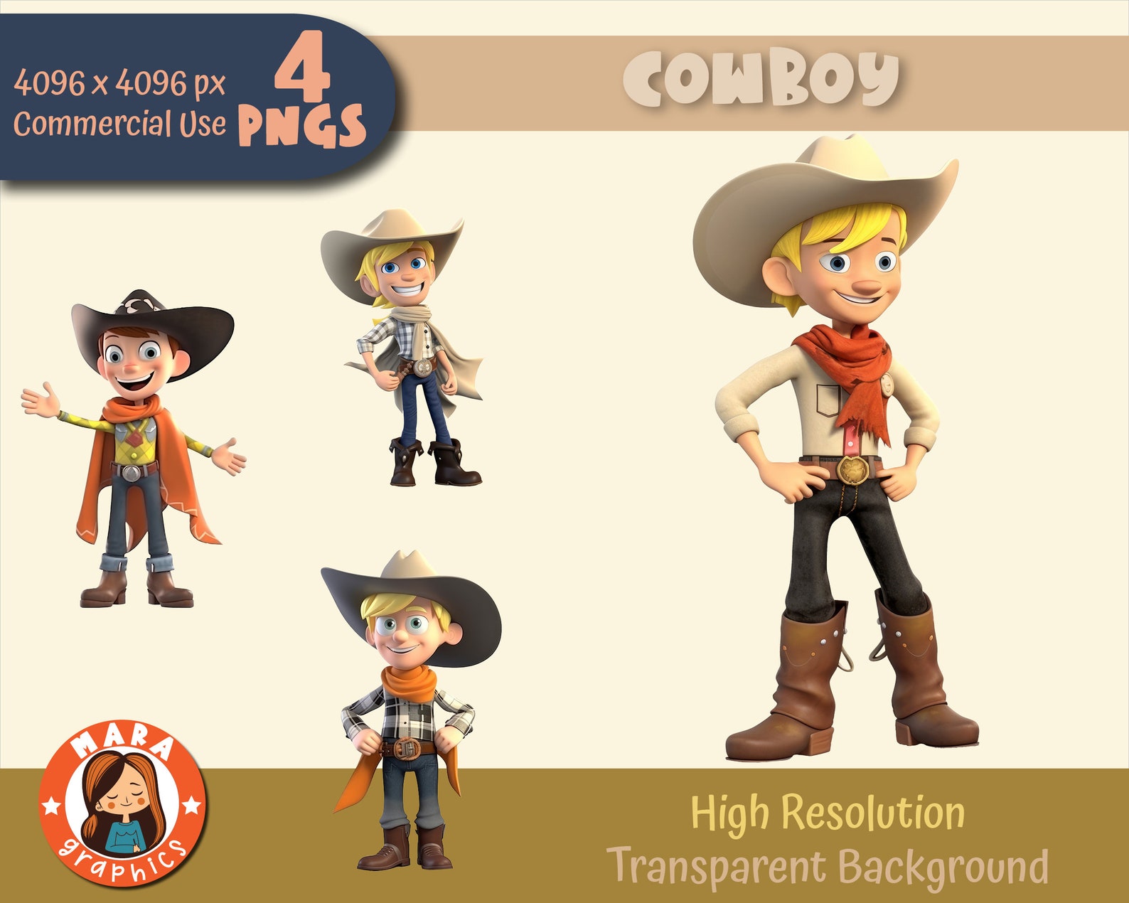 Cute 3D Cowboy Clipart Set, Cowboy PNG High Resolution Pngs 4 Different ...