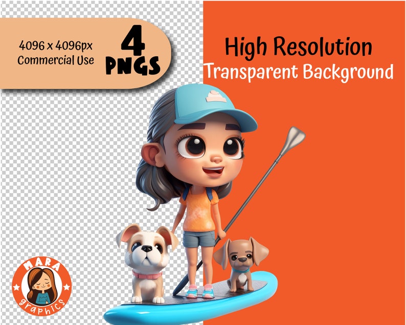 Cute Paddle Board Girls 3D Clipart - Set of 4 High-resolution Pngs - Etsy