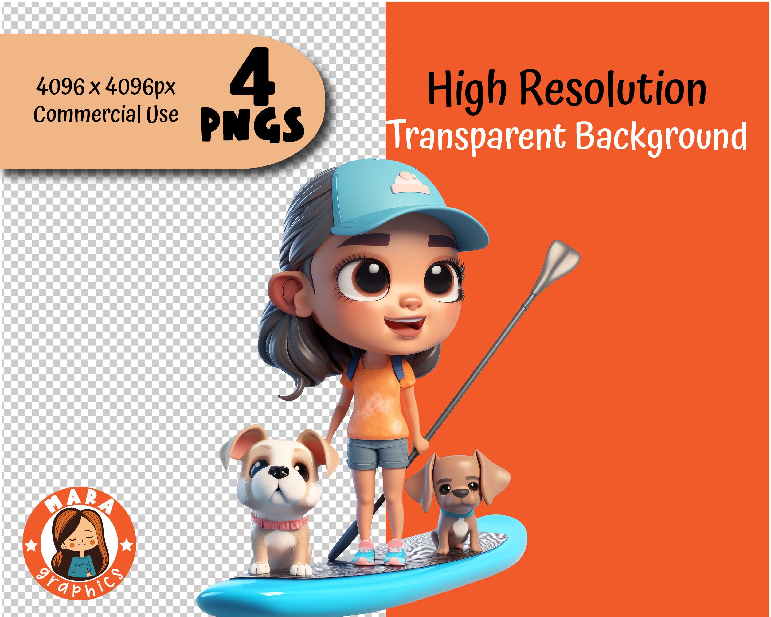 Cute Paddle Board Girls 3D Clipart - Set of 4 High-resolution Pngs - Etsy
