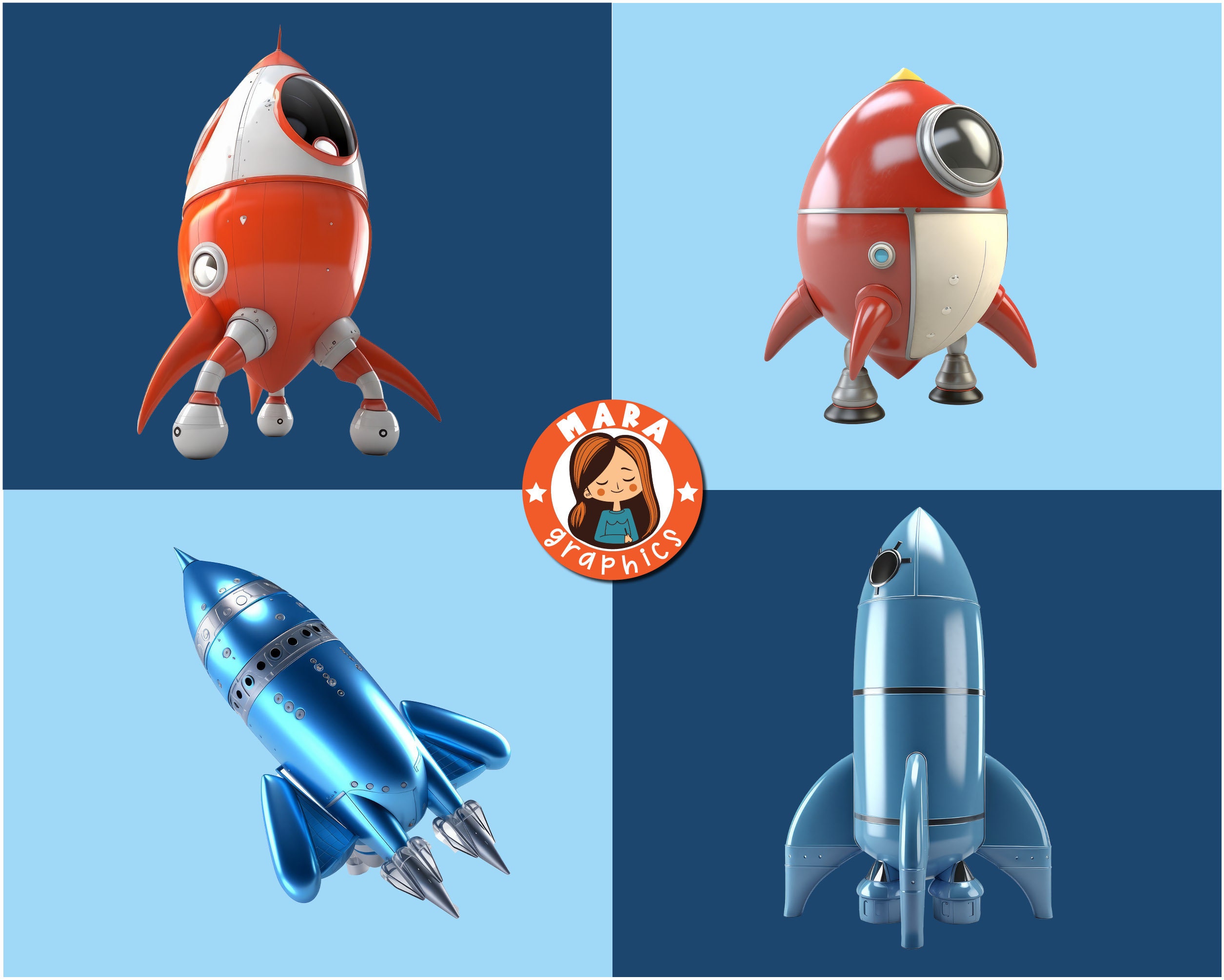 Set of 4 3D SPACE ROCKET Clipart - High Resolution Pngs (4 Different ...