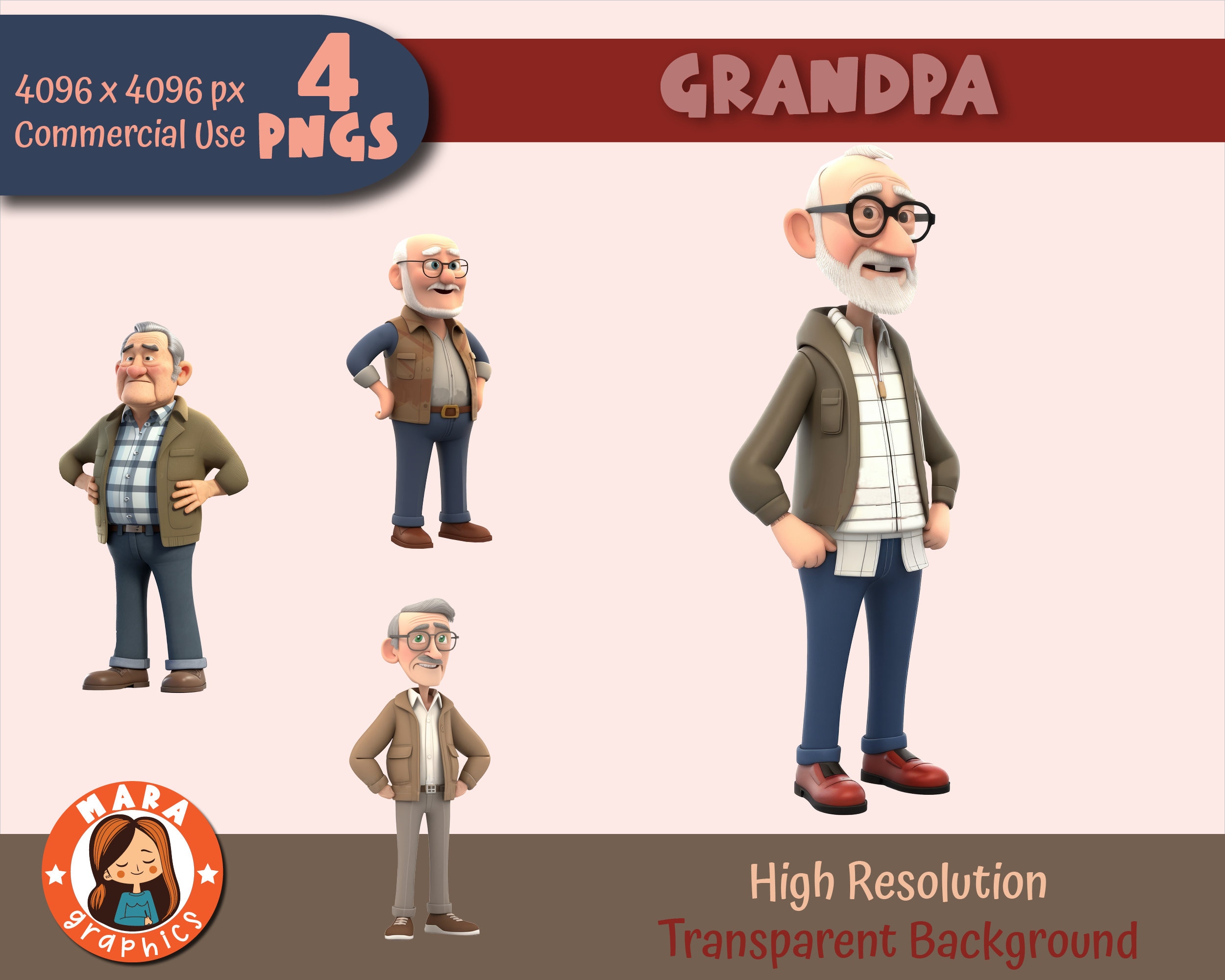 Cute 3D Grandpa Characters Clipart Set High Resolution Pngs - Etsy ...