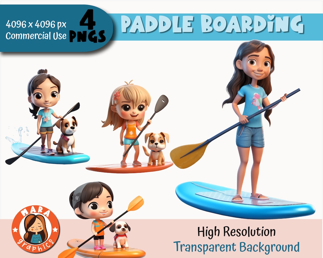 Cute Paddle Board Girls 3D Clipart - Set of 4 High-resolution Pngs - Etsy