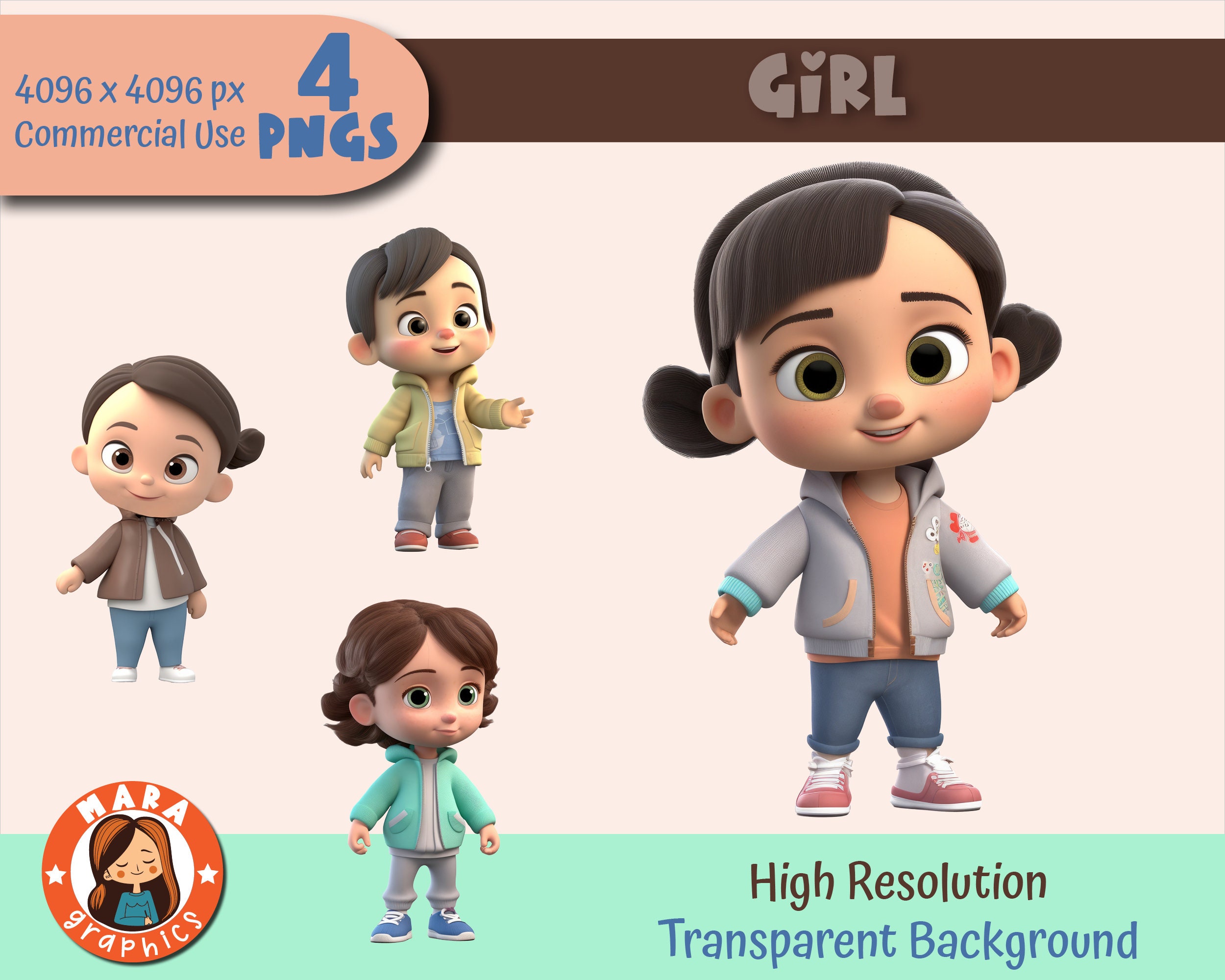 Cute 3D Girl Characters Clipart Set - High Resolution Pngs (4 Different ...