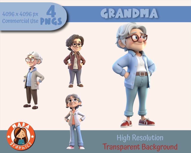 Cute 3D Grandma Characters Clipart Set High Resolution Pngs 4 Different ...