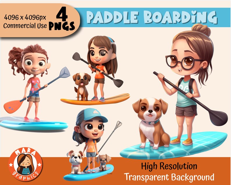 Cute Paddle Board Girls 3D Clipart - Set of 4 High-resolution Pngs - Etsy