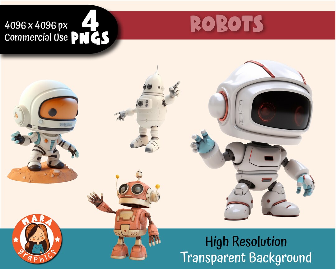 Cute 3D Robot Clipart Set High Resolution Pngs 4 Different Characters ...