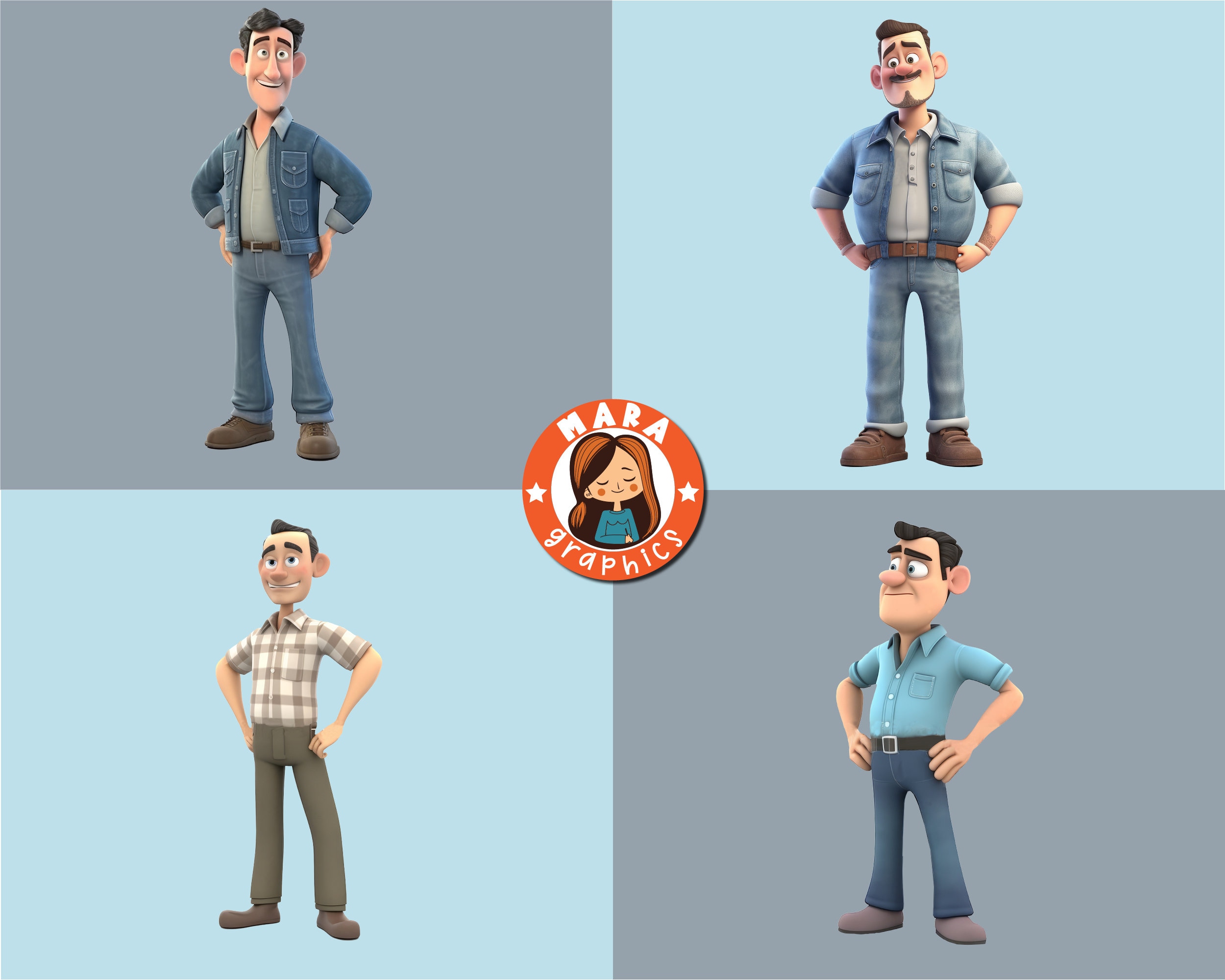 Cute 3D Dad Characters Clipart Set High Resolution Pngs 4 Different ...