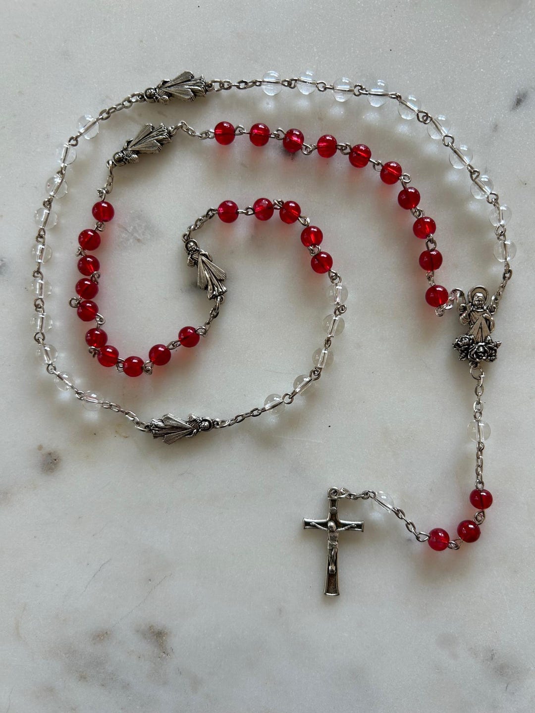 Divine Mercy Deluxe Glass Red and Clear Beads Rosary - Etsy
