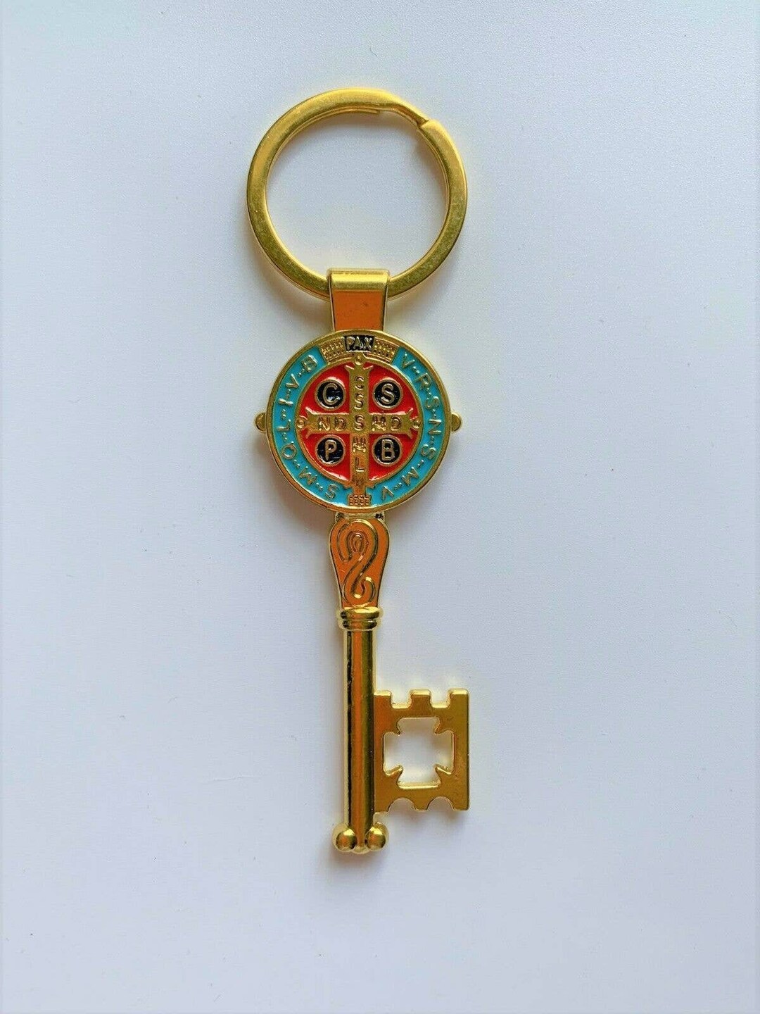 Saint St Benedict Key Golden Red and Blue Keychain Llave De San Benito ...