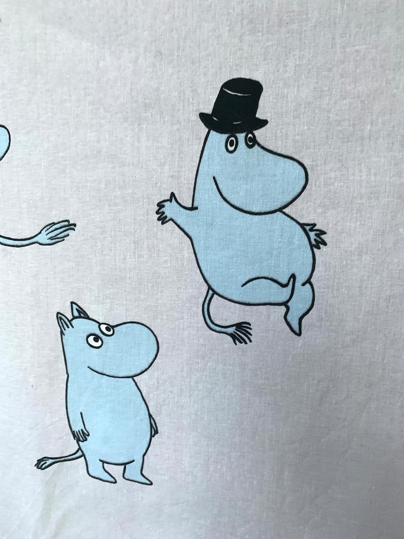 Vintage Moomin Curtain Cotton, Light Grey-blue Background, Big Moomin ...