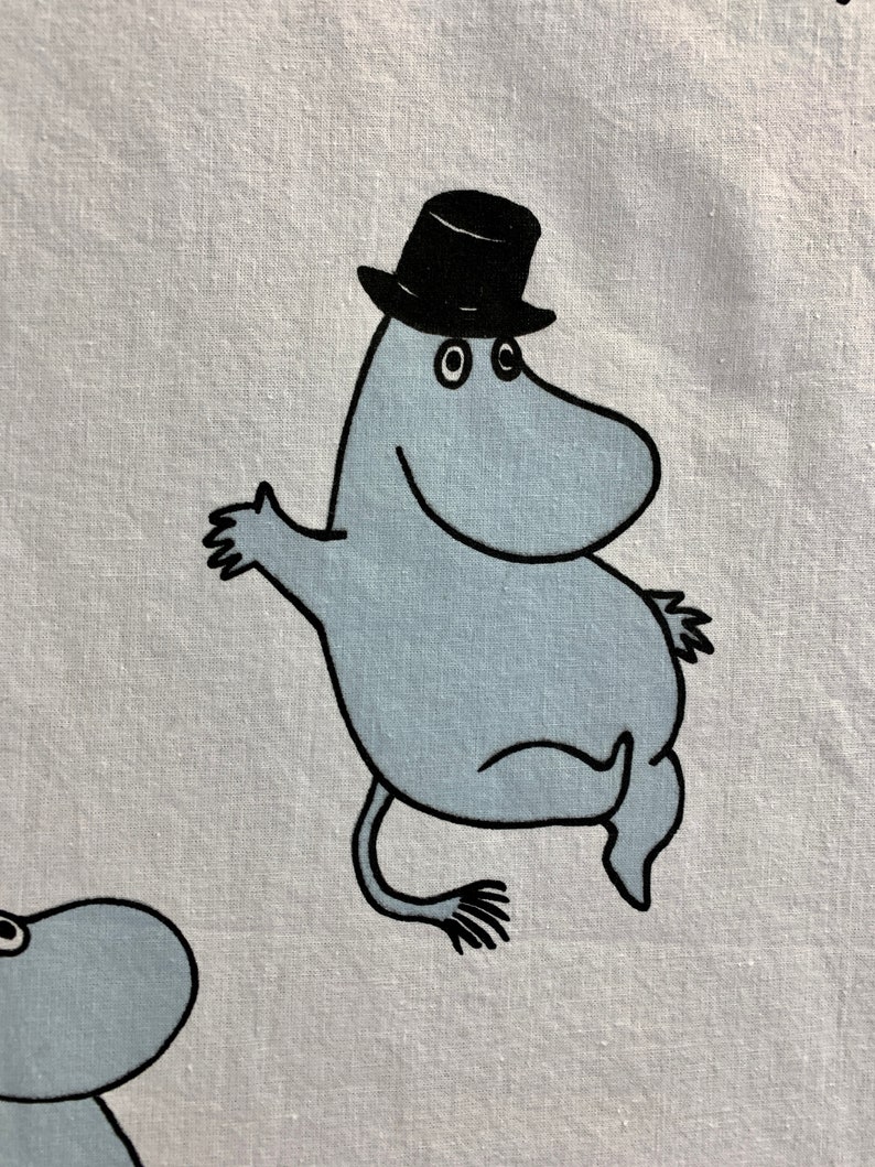 Vintage Moomin Curtain Cotton, Light Grey-blue Background, Big Moomin ...