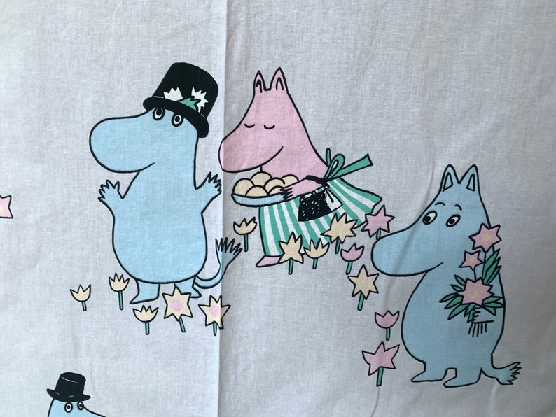Vintage Moomin Curtain Cotton, Light Grey-blue Background, Big Moomin ...