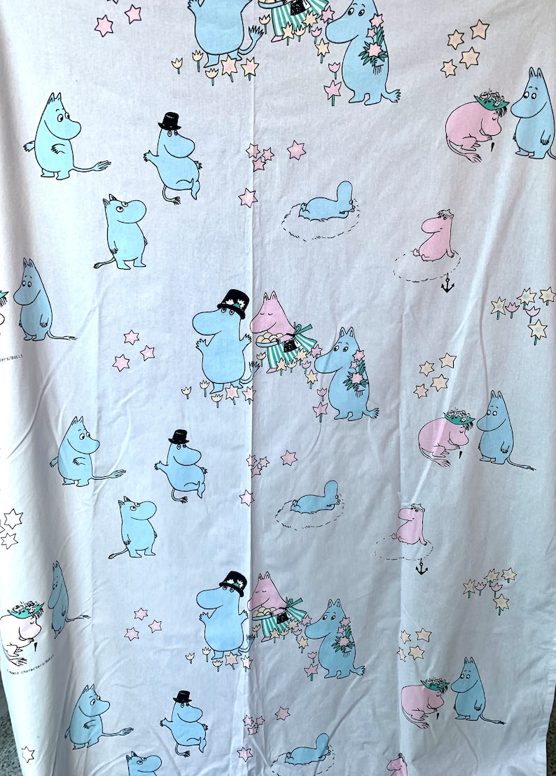 Vintage Moomin Curtain Cotton, Light Grey-blue Background, Big Moomin ...