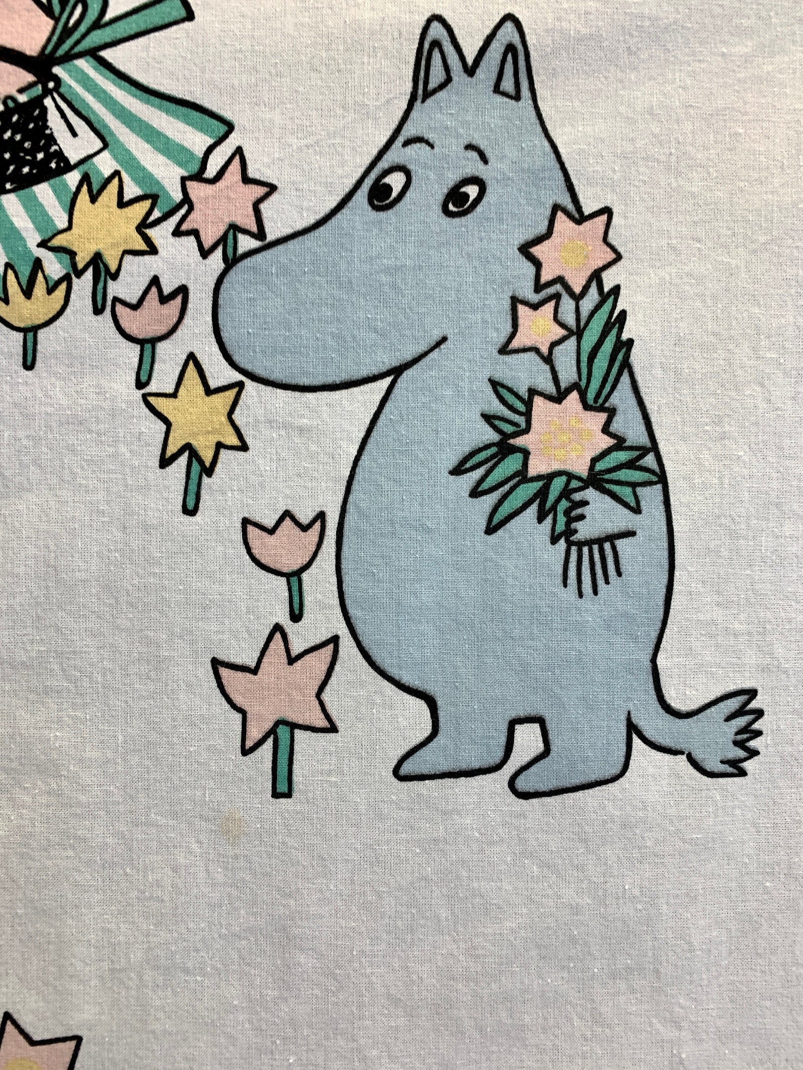 Vintage Moomin Curtain Cotton, Light Grey-blue Background, Big Moomin ...