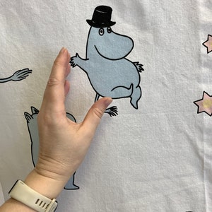 Vintage Moomin Curtain Cotton, Light Grey-blue Background, Big Moomin ...