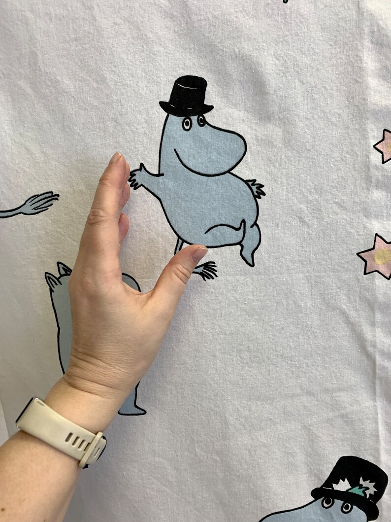 Vintage Moomin Curtain Cotton, Light Grey-blue Background, Big Moomin ...