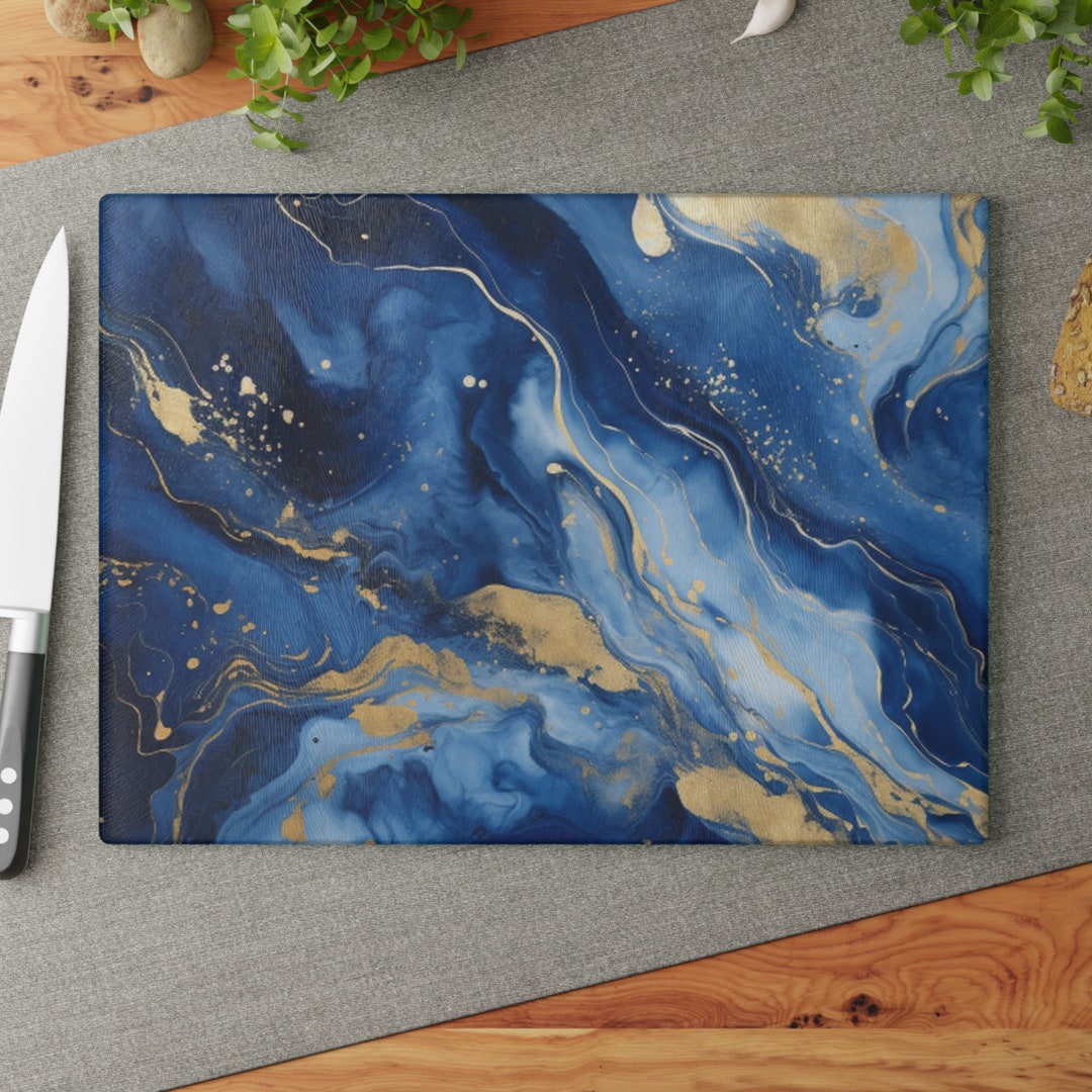 Indigo Blue Marbel Glass Chopping Board, Glass Cutting Board, Kitchen ...