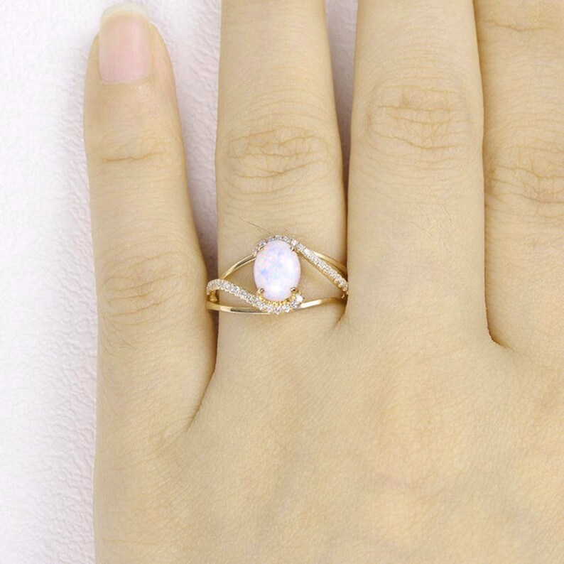 Oval Cut Natural Opal Engagement Ring, Oval Cut Opal Wedding Ring, Split Shank Ring, Opal ...