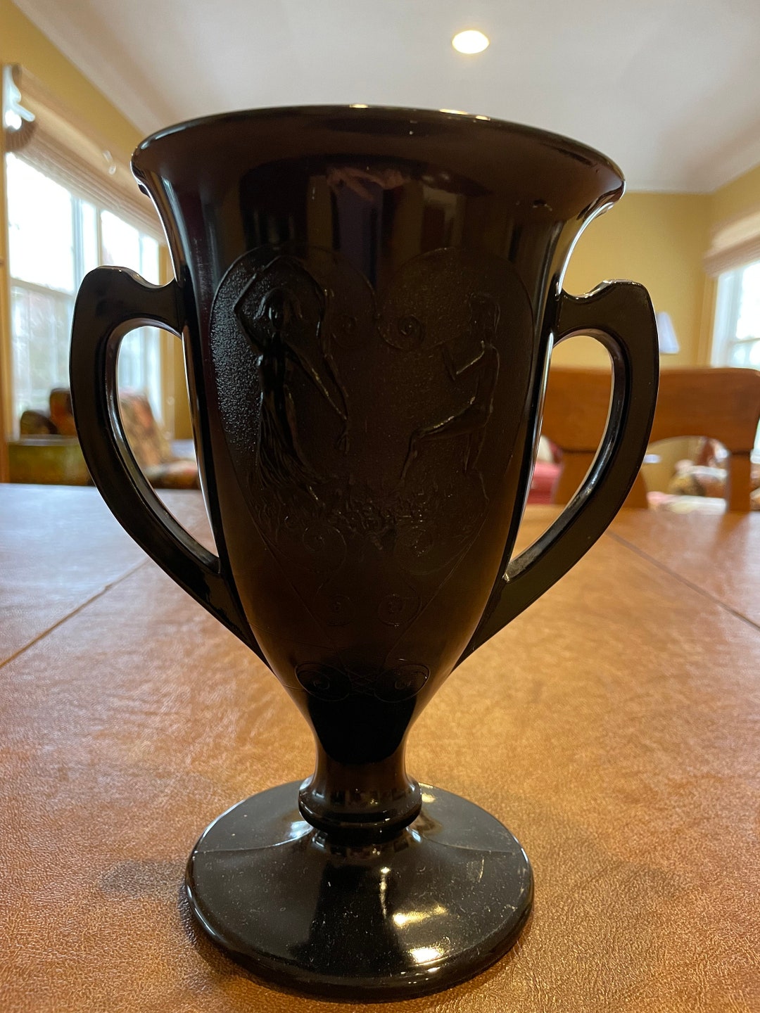 Vintage 1940's LE SMITH Glass Black Amethyst Trophy Vase Embossed ...