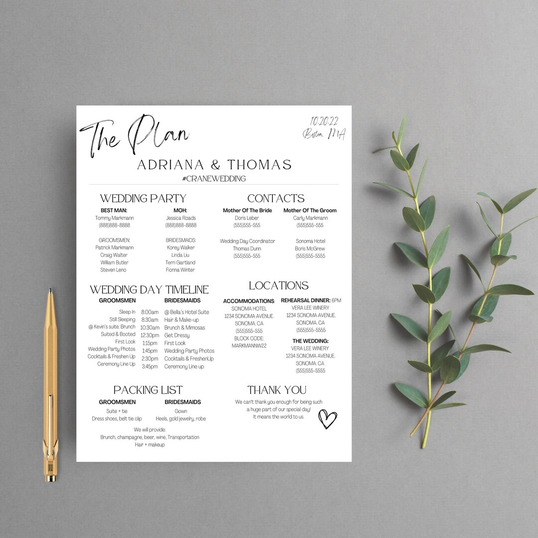 Wedding Day Details Template Wedding Planner Organization - Etsy