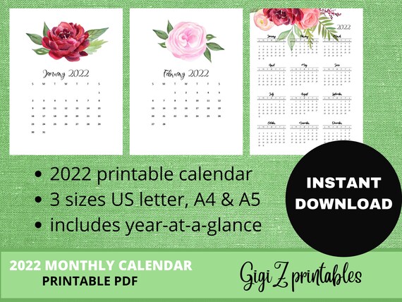 2022 Printable Monthly Calendar Beautiful Watercolor Florals - Etsy