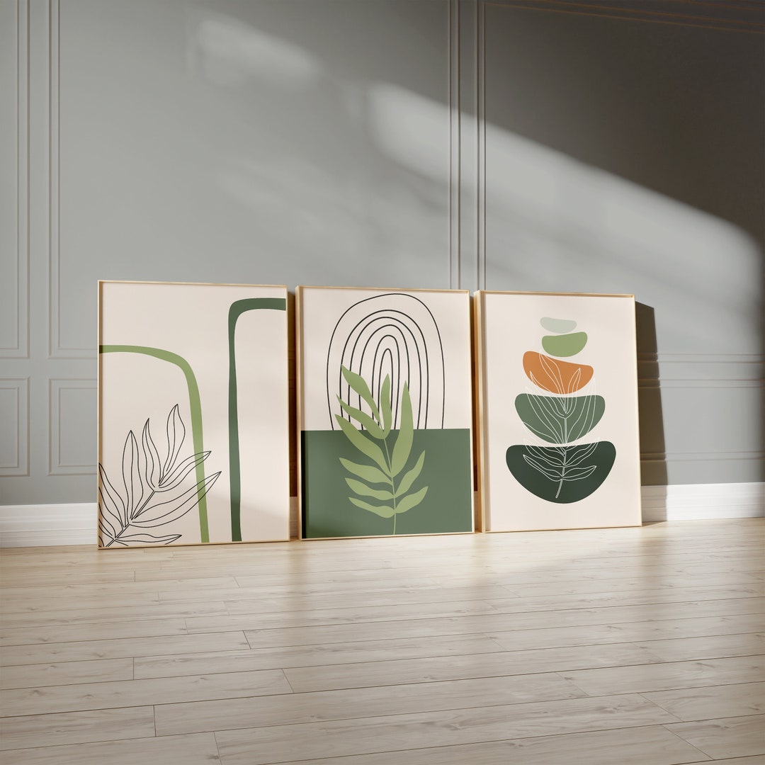 Boho Minimalist Wall Art Set of 3, Abstract Botanical Prints, Mid ...