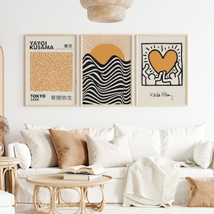 Set of 3 Sage Yellow Kusama, Keith Haring and Bauhaus Prints, Mustard ...