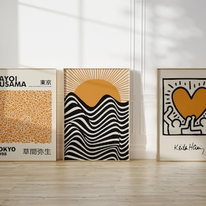 Set of 3 Sage Yellow Kusama, Keith Haring and Bauhaus Prints, Mustard ...