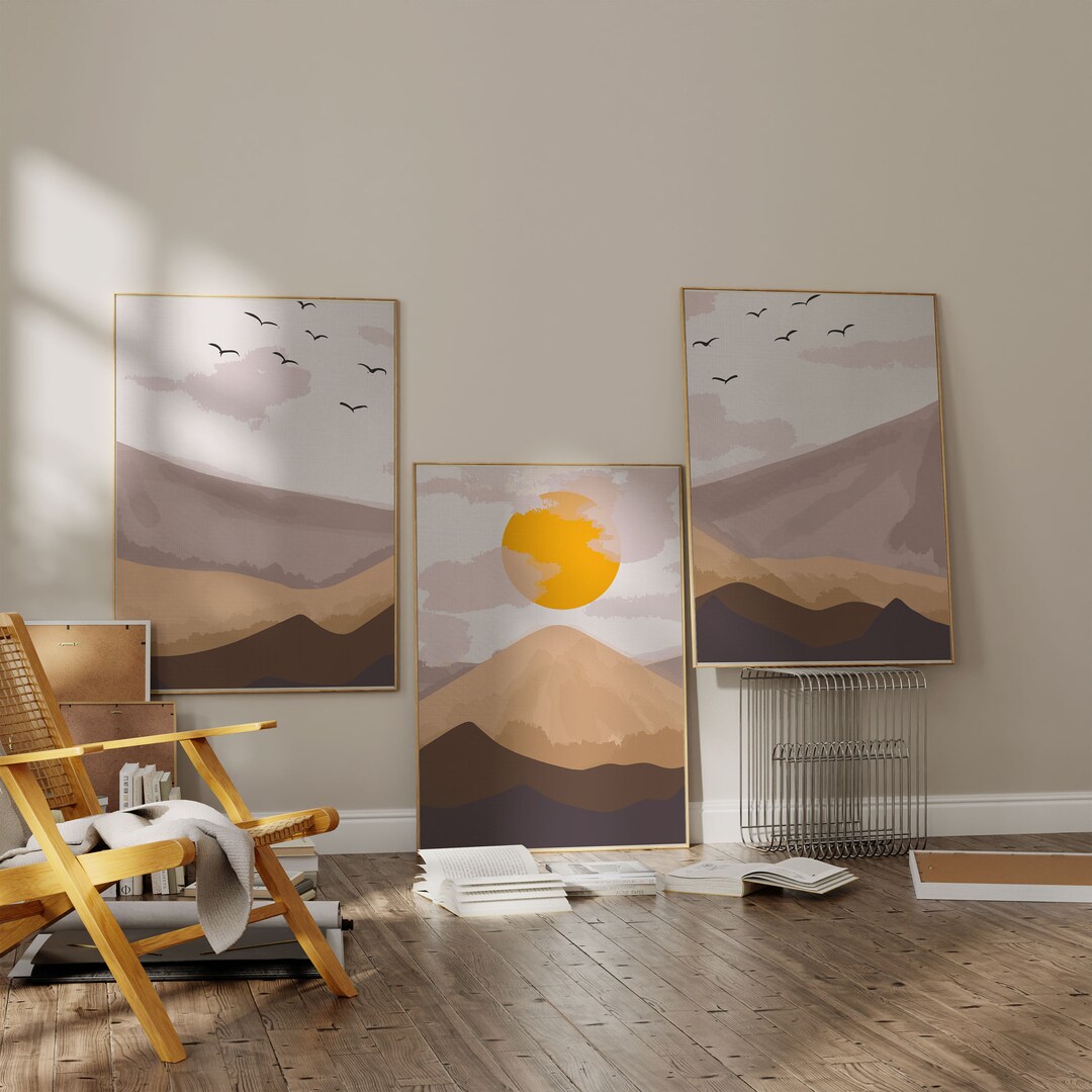 Abstract Sunset Wall Art Set of 3, Neutral Landscape Prints, Minimal ...
