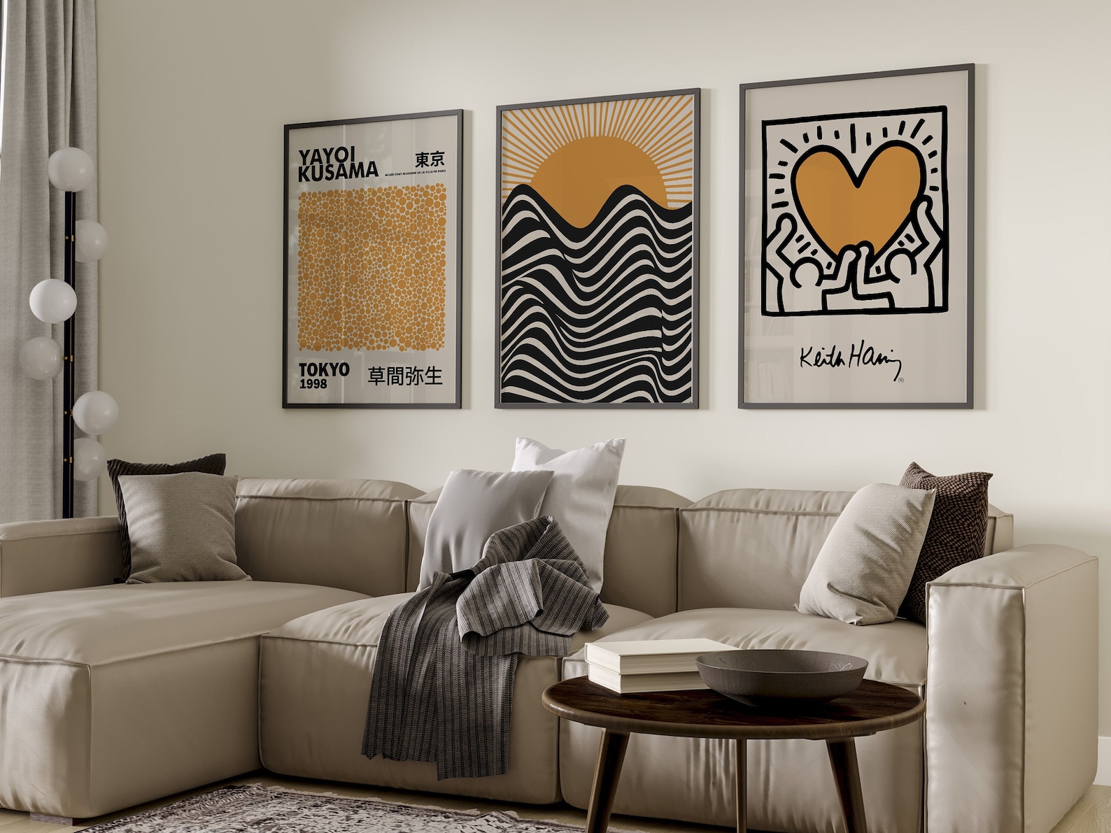 Set of 3 Sage Yellow Kusama, Keith Haring and Bauhaus Prints, Mustard ...