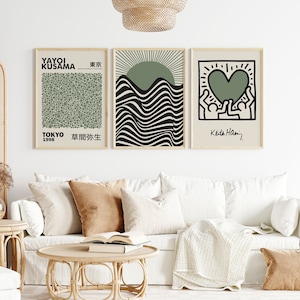 Set of 3 Sage Green Kusama, Keith Haring and Bauhaus Prints, Green Wall ...