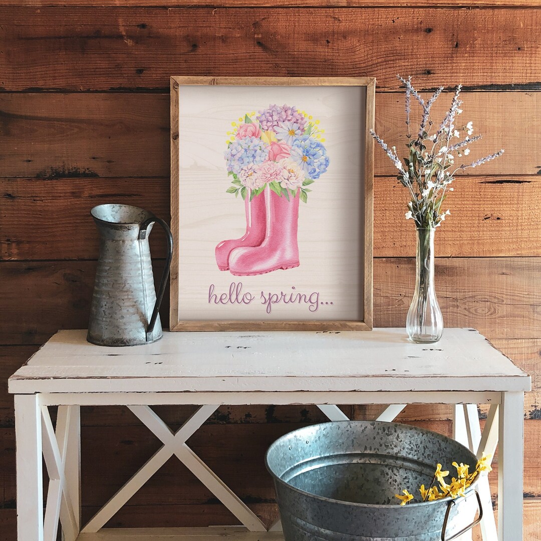Hello Spring Flower Filled Pink Rain Boots Printable / Farmhouse and ...