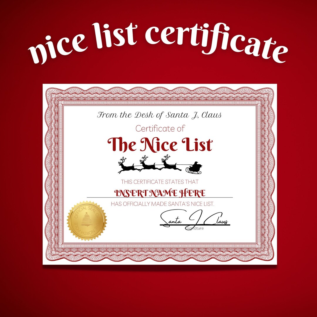 Santas Nice List Certificate, Christmas Gift, Kids Christmas Printable ...