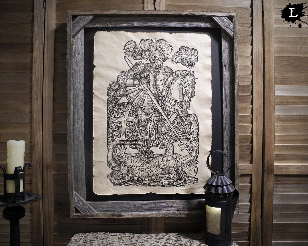 Larger Knight Killing Dragon Renaissance Medieval Aged Document Frame ...