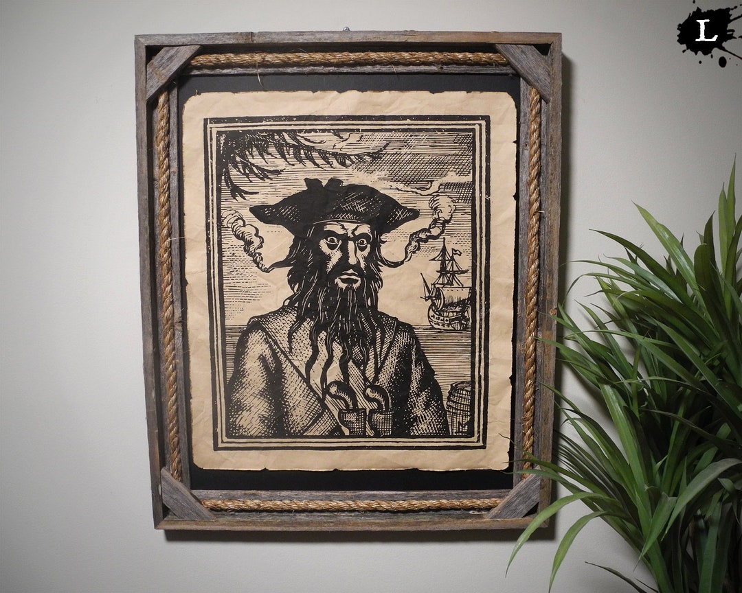 Larger Blackbeard Edward Teach Wood Cut Print Aged Document Frame Not ...