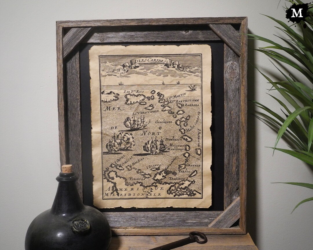 Smaller Caribbean Islands Map Etch Pirates Aged Document Frame Not ...