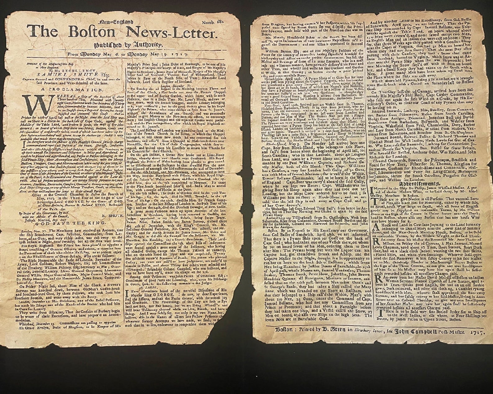 Whydah Shipwreck Newspaper Samuel Bellamy 1717 Cape Cod the Boston ...