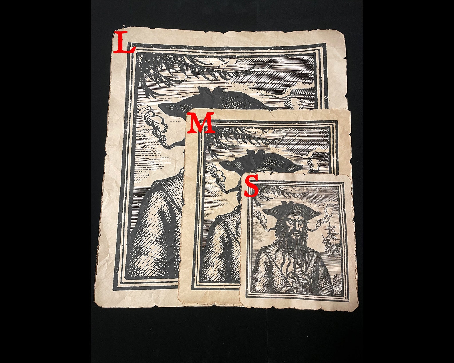 Larger Blackbeard Edward Teach Wood Cut Print Aged Document Frame Not ...
