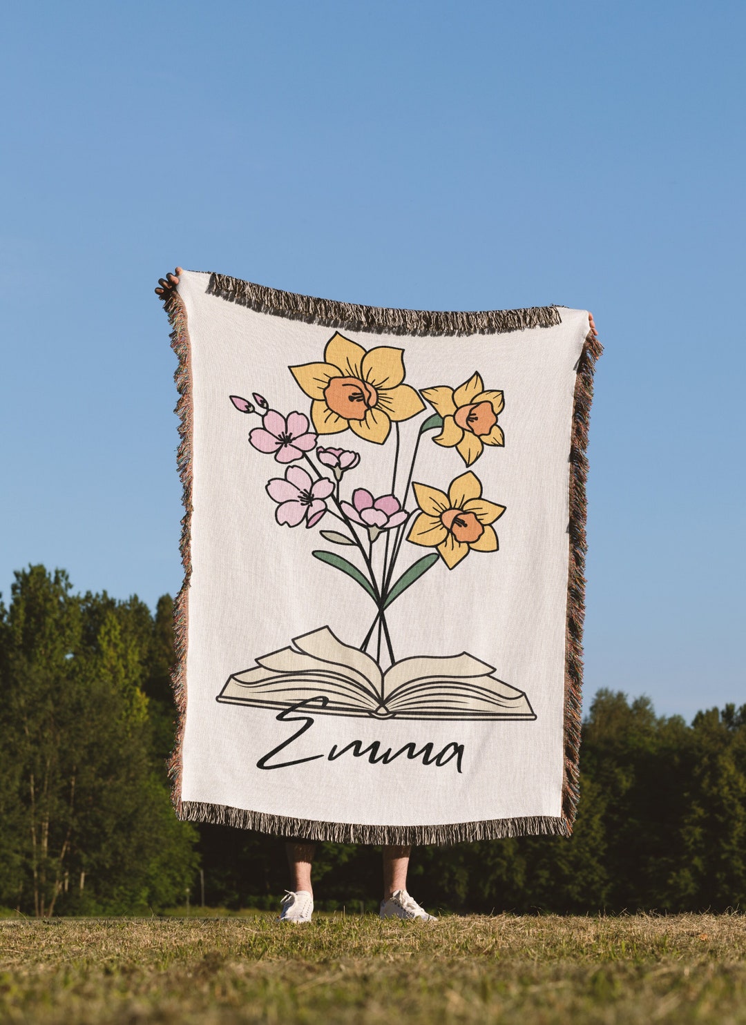 Personalized Birth Flower Book Lover Woven Blanket, a Bookish Gift for ...